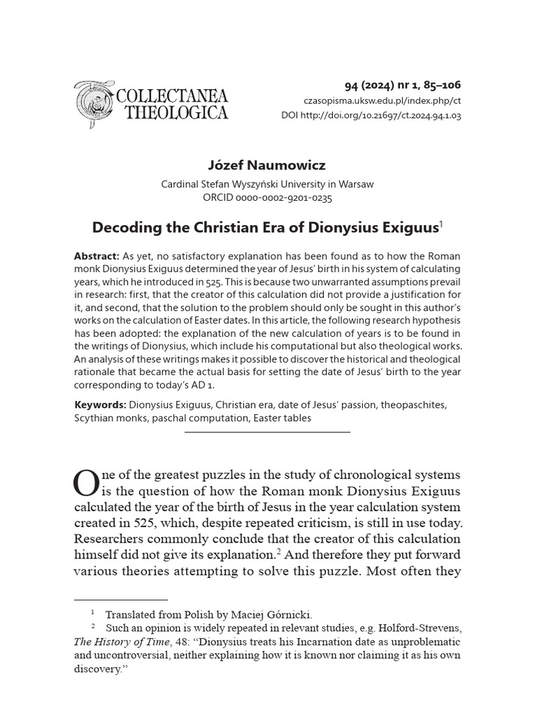 Decoding The Christian Era of Dionysius Exiguus - J. Naumowicz 2024 | PDF | Anno Domini | Easter