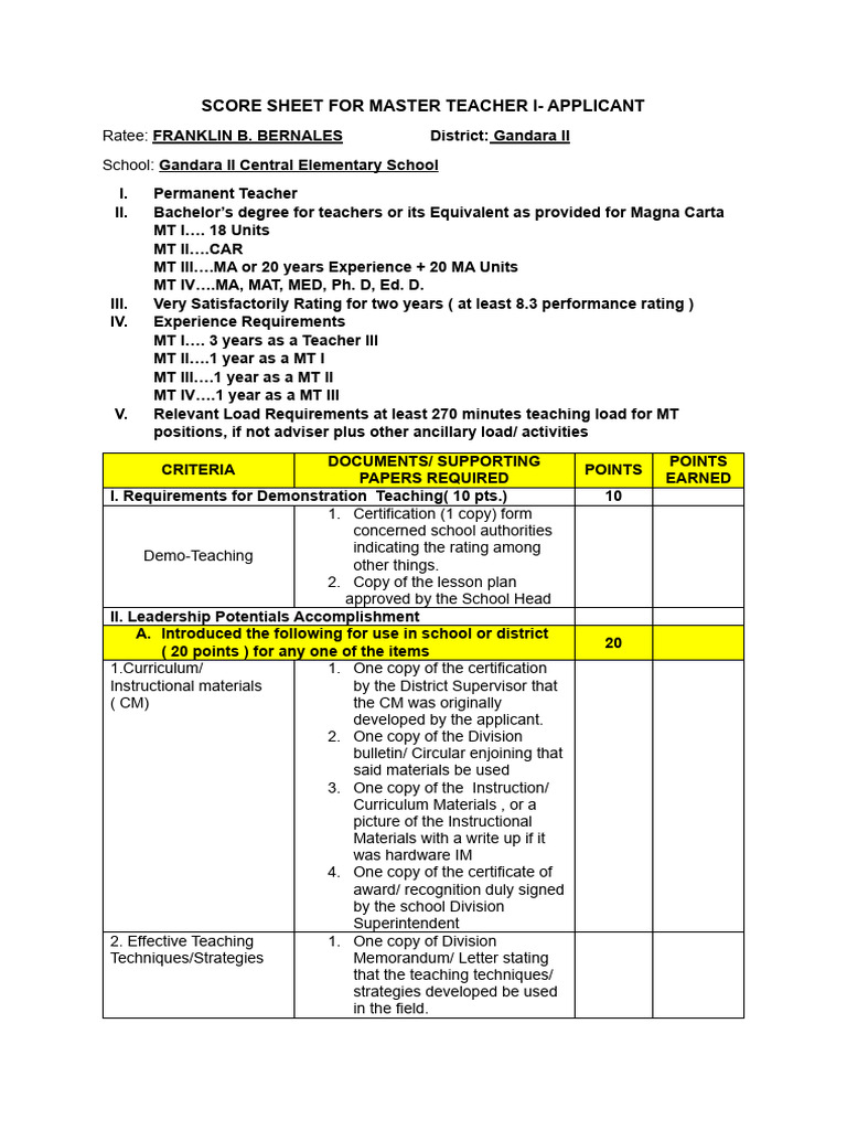 Score Sheet For Master Teacher I | PDF | Teachers