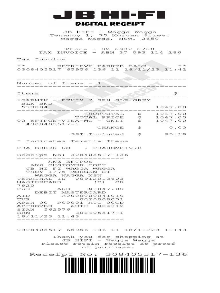 JB Hi-Fi Wagga Wagga Tax Invoice | PDF | Finance & Money Management