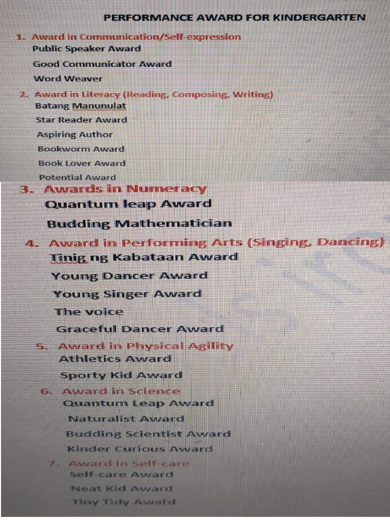 Kindergarten List of Award | PDF