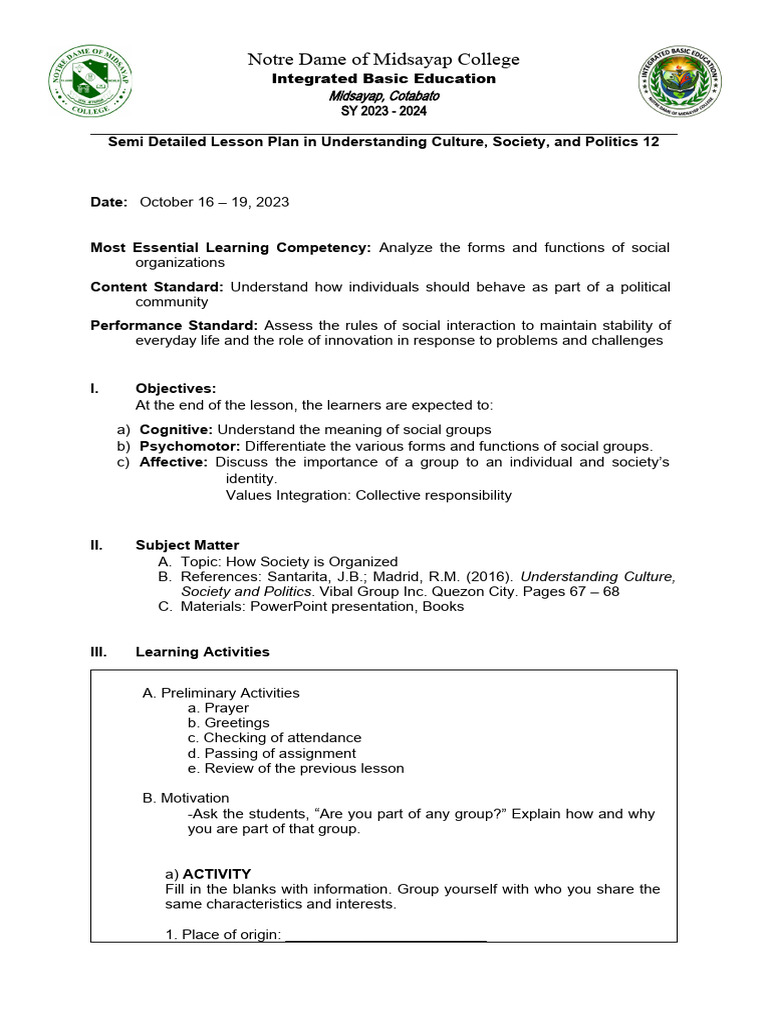 UCSP Lesson Plan Week 7 | PDF | Social Group | Learning