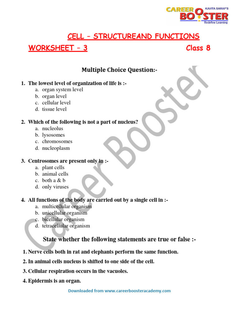 Class 8 Cell Structure Worksheet | PDF | Cell (Biology) | Organisms