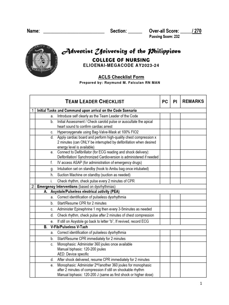 ACLS Checklist | PDF | Cardiopulmonary Resuscitation | Medical Treatments