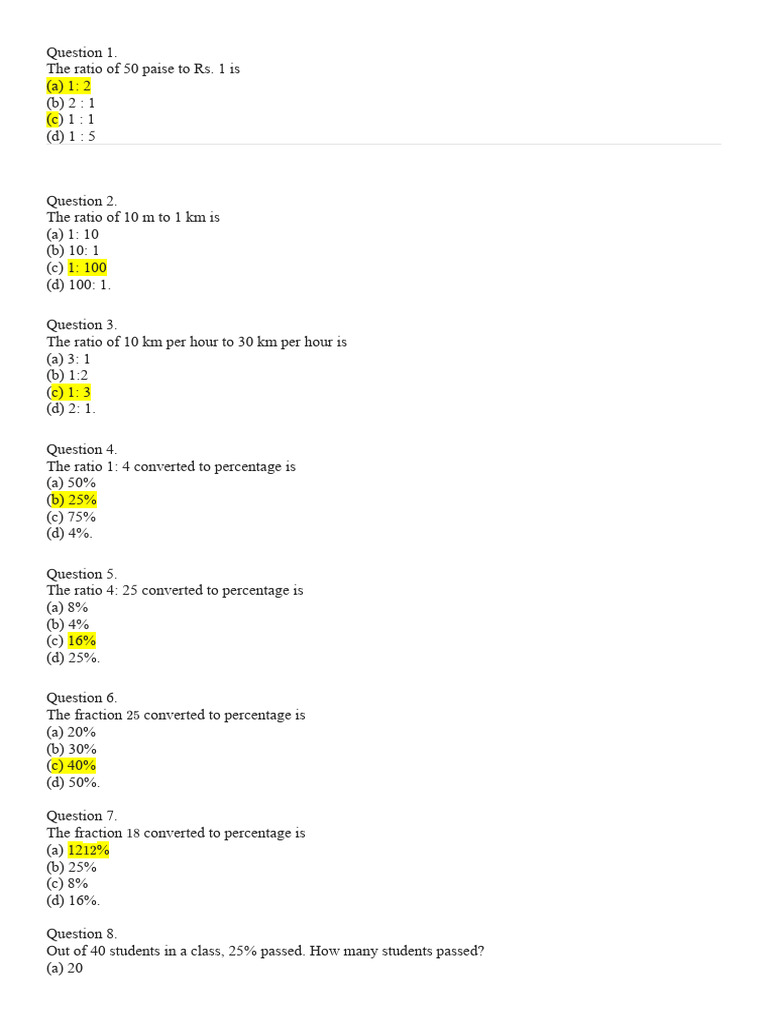 Comparing Quantities MCQs for Class 8 | PDF | Ratio | Percentage