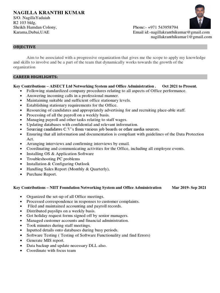 Kranthi Resume Admin Cum Networking | PDF | Management Information System | Databases