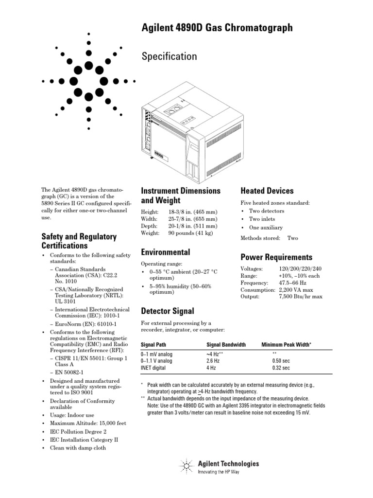 Specification: Agilent 4890D Gas Chromatograph | PDF | Electromagnetic ...