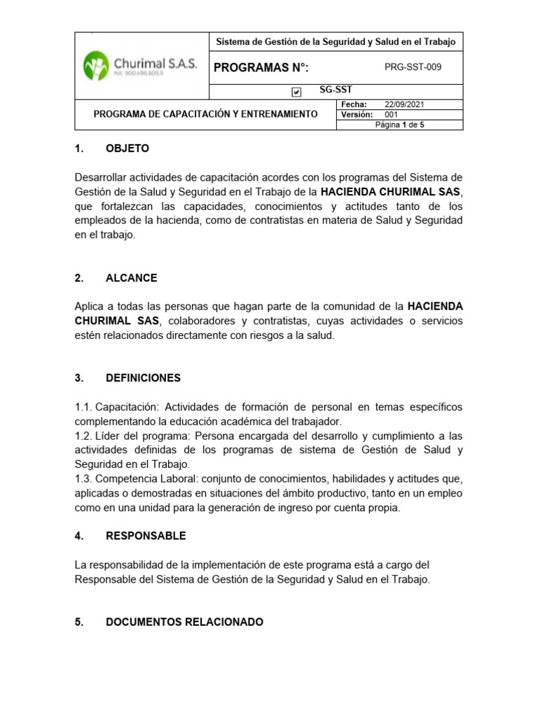 PRG-SST-009 Programa de Capacitación | PDF