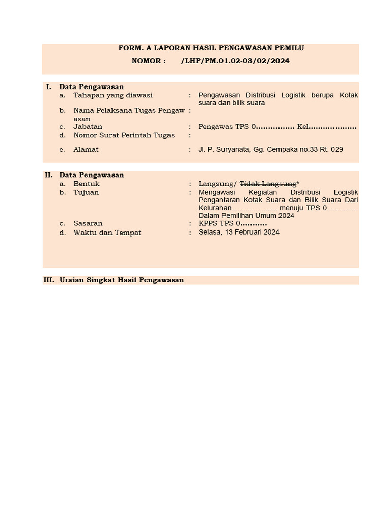 Form A Pengawasan Distribusi Logistik PTPS Kosong | PDF Form A Pengawasan Distribusi Logistik PTPS Kosong | PDF