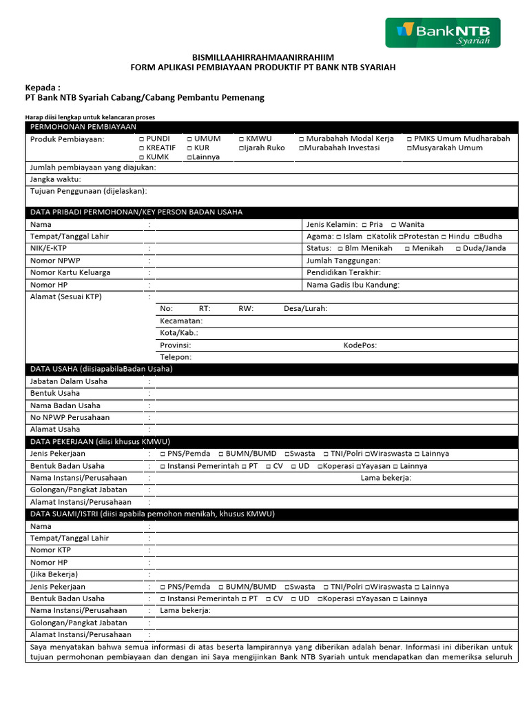 Form Permohonan Pembiayaan Produktif | PDF