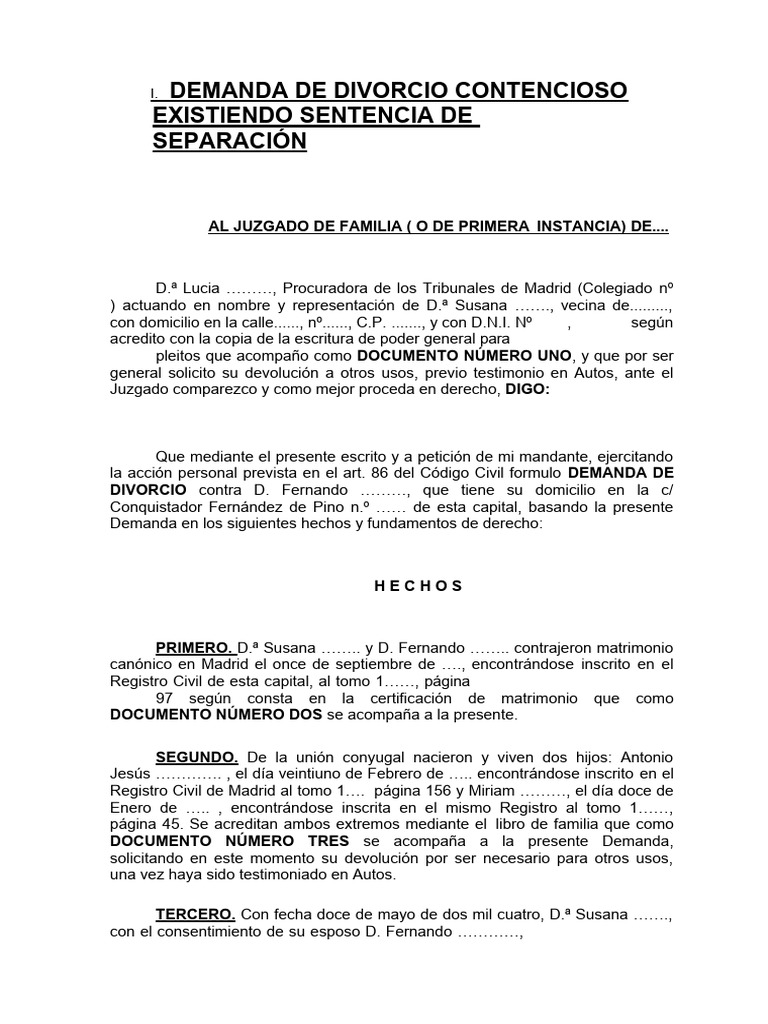 Demanda de Divorcio Contencioso Existiendo Sentencia de Separación | PDF | Divorcio | Anulación
