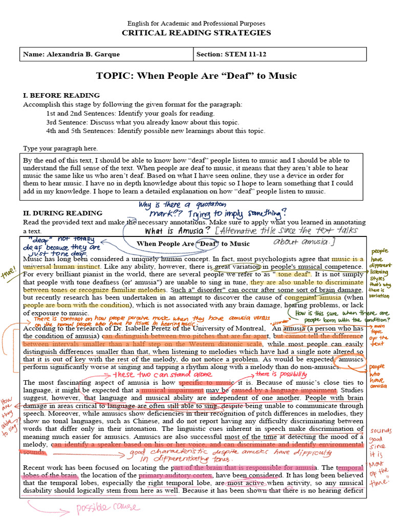 Critical Reading Strategies on EAPP 11 | PDF | Psychology | Behavioural Sciences