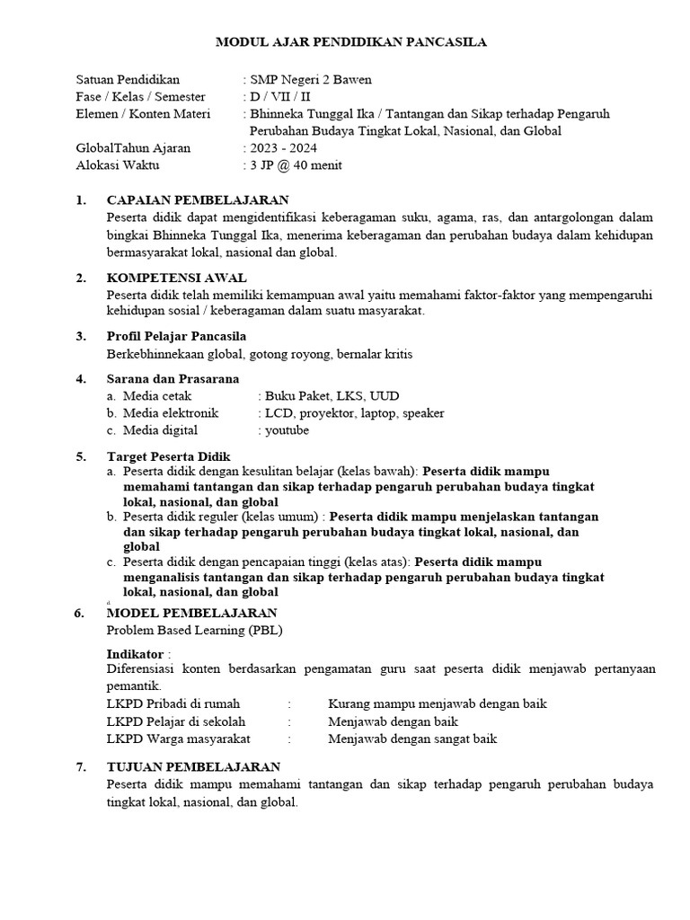 Ma Bab 4 Kelas 7 Sub Bab D Tantangan Dan Sikap Terhadap Pengaruh Perubahan Budaya | PDF