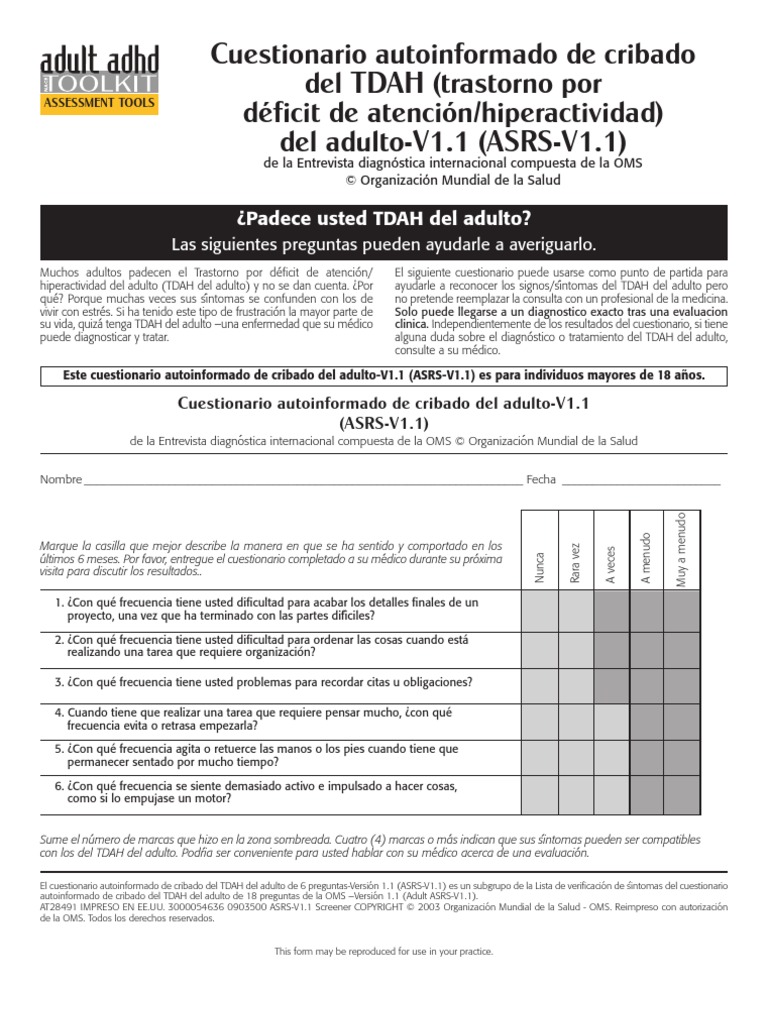 2010 -Cuestionario autoinformado de cribado del TDAH (trastorno por ...