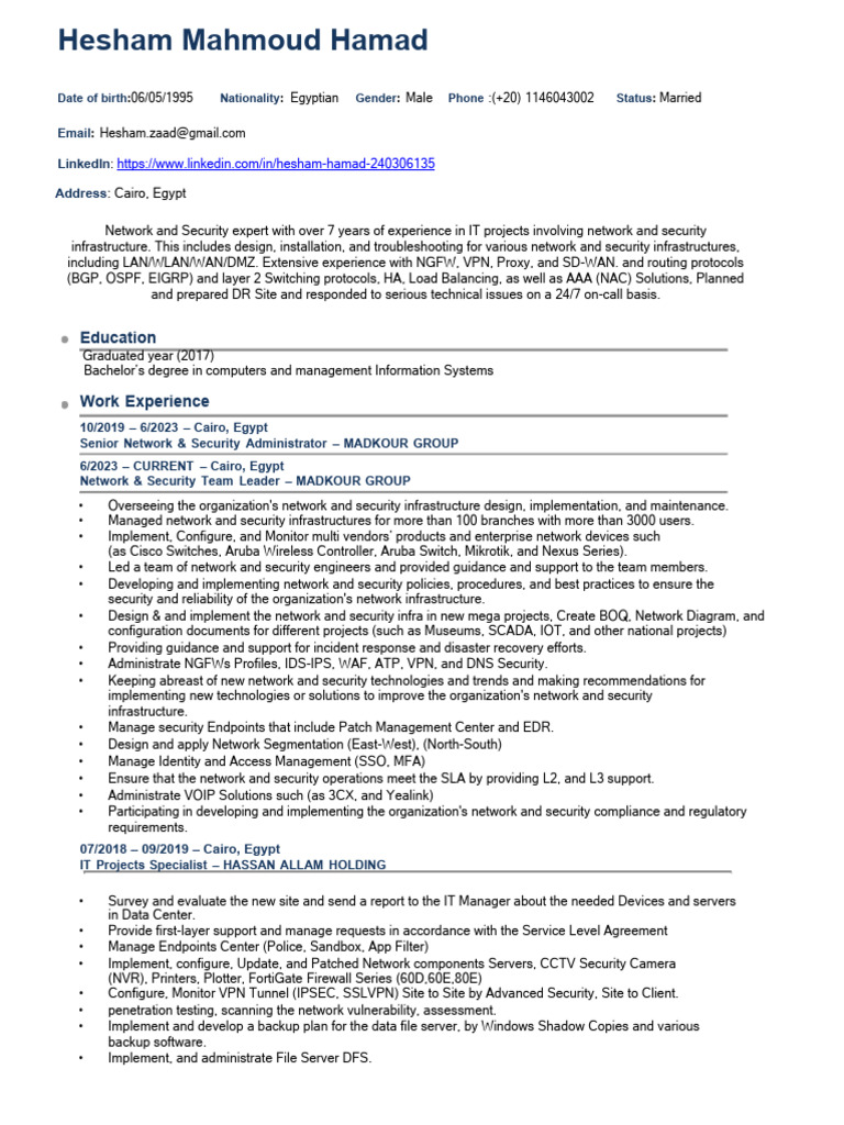 CV Hesham Hamad | PDF | Computer Network | Cisco Certifications