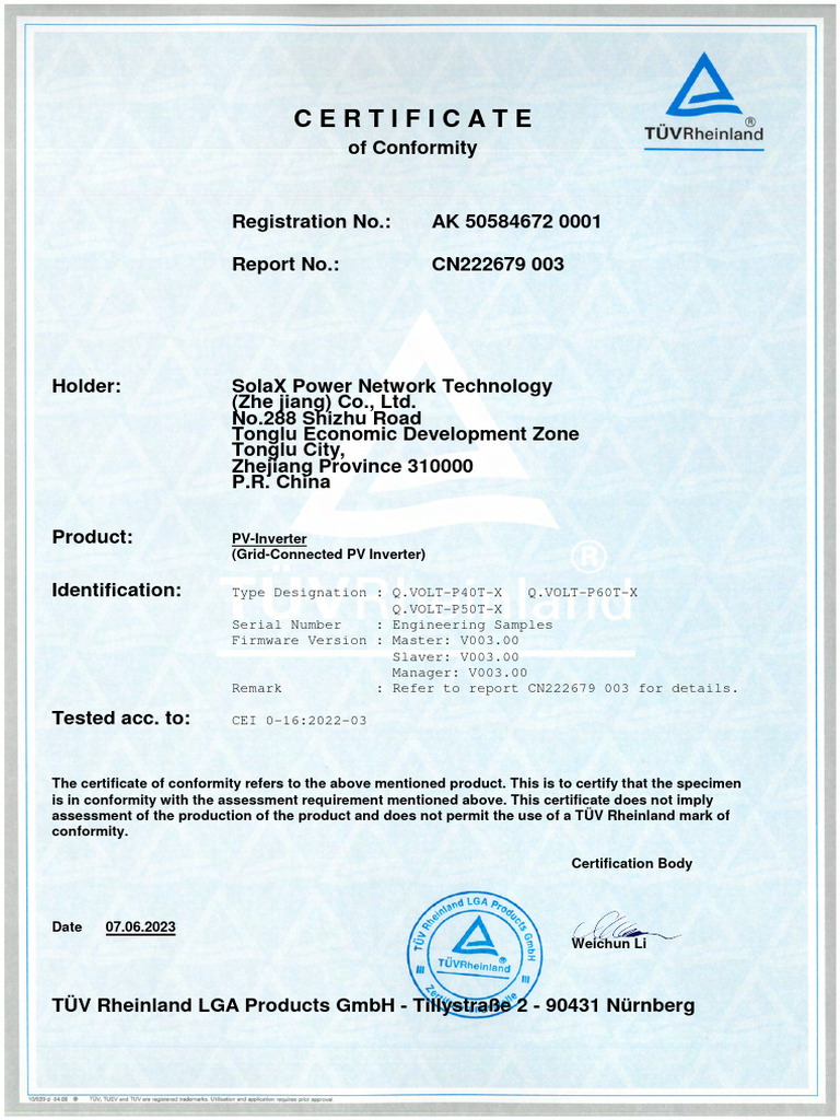 SolaX Certificate CEI 0-16 Q.volt-P (40-60) T-X 2023-06 Italy en | PDF ...