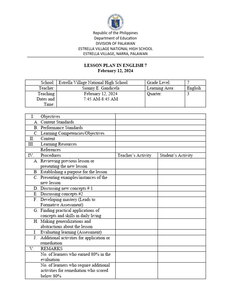 Lesson Plan DepEd Format | PDF | Wellness