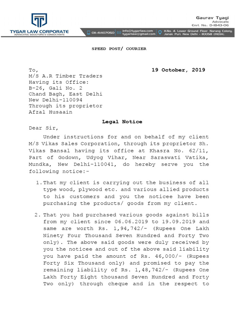 Legal Notice for Cheque Bounce | PDF | Cheque | Justice
