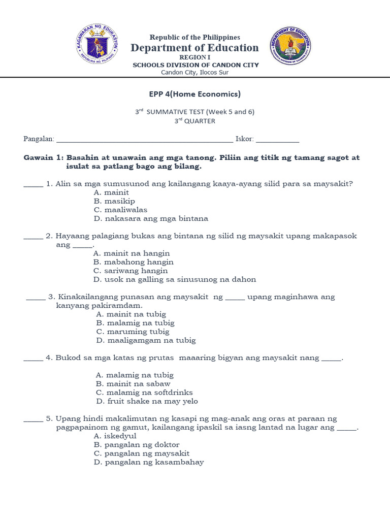 EPP4HE - Q3-3rd-Summative-Test-Week-5-and-6 (1) .Reviewddocx | PDF