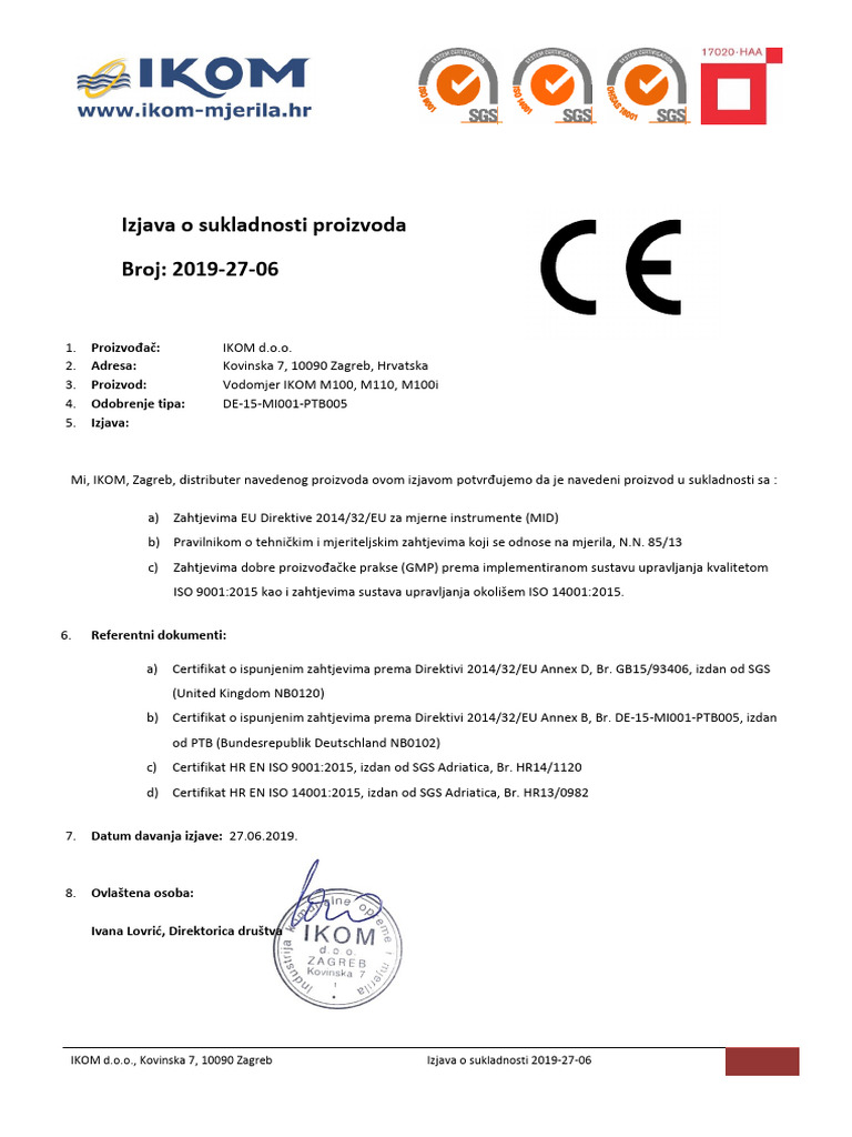 3.15. Vodomjeri - Izjava o Sukladnosti | PDF