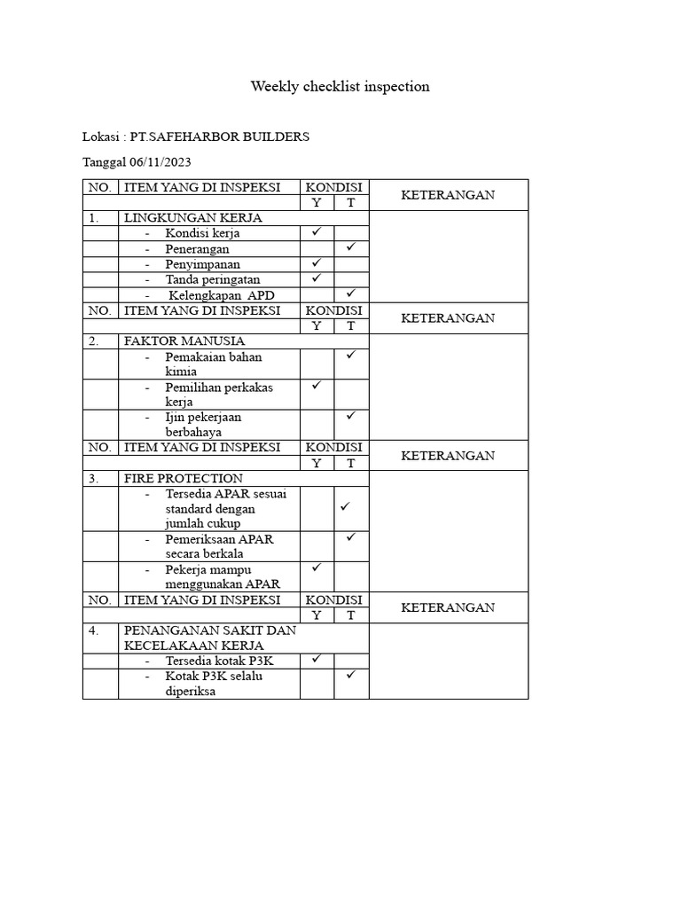 Weekly - Checklist - Inspection (APAR P3K, DLL) | PDF