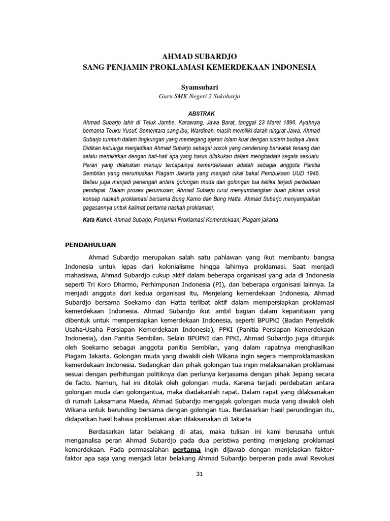 Syamsuhari Ahmad Subardjo Sang Penjamin Proklamasi Kemerdekaan ...