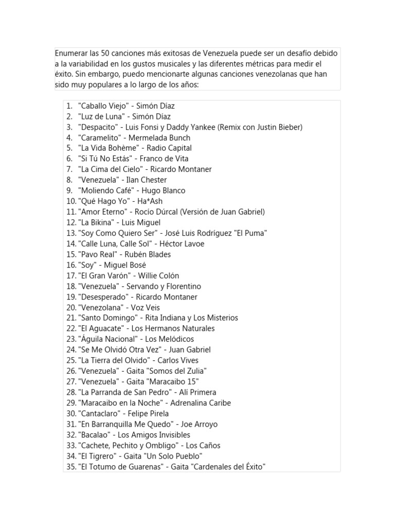 Las 50 Canciones Mas Exitosas de Los Ultimos Años | PDF | Musica en ...