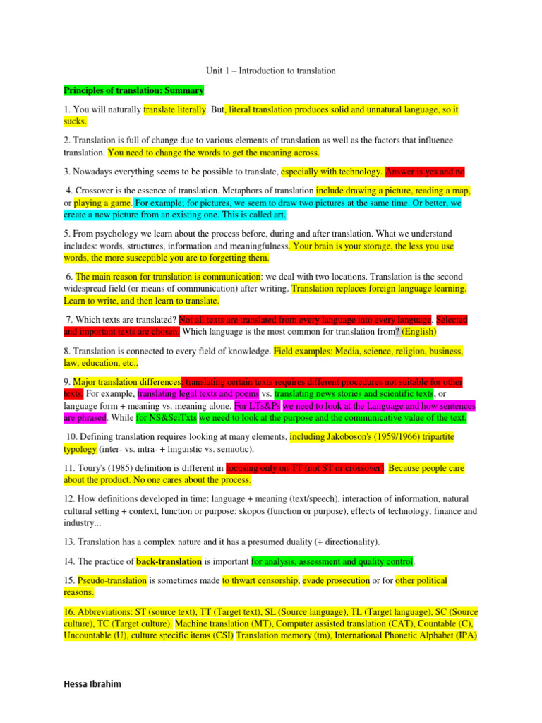 Principles of Translation Summary Notes (Edited) | Download Free PDF ...