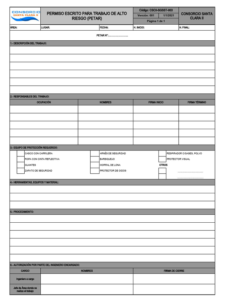 Formato - Permiso Escrito para Trabajos de Alto Riesgo (Petar) | PDF