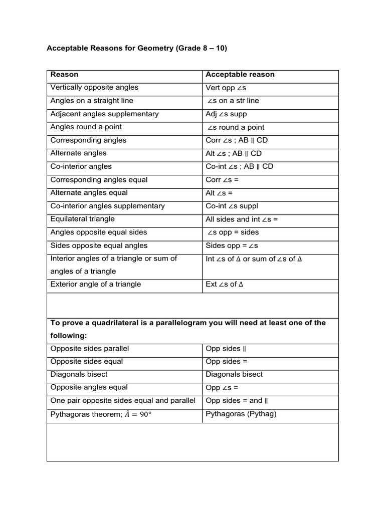 Geometry Proofs: Acceptable Reasons | PDF | Rectangle | Triangle