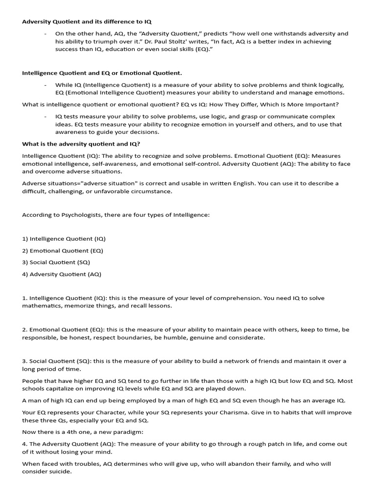 Adversity Quotient and Its Difference To IQ | Download Free PDF ...