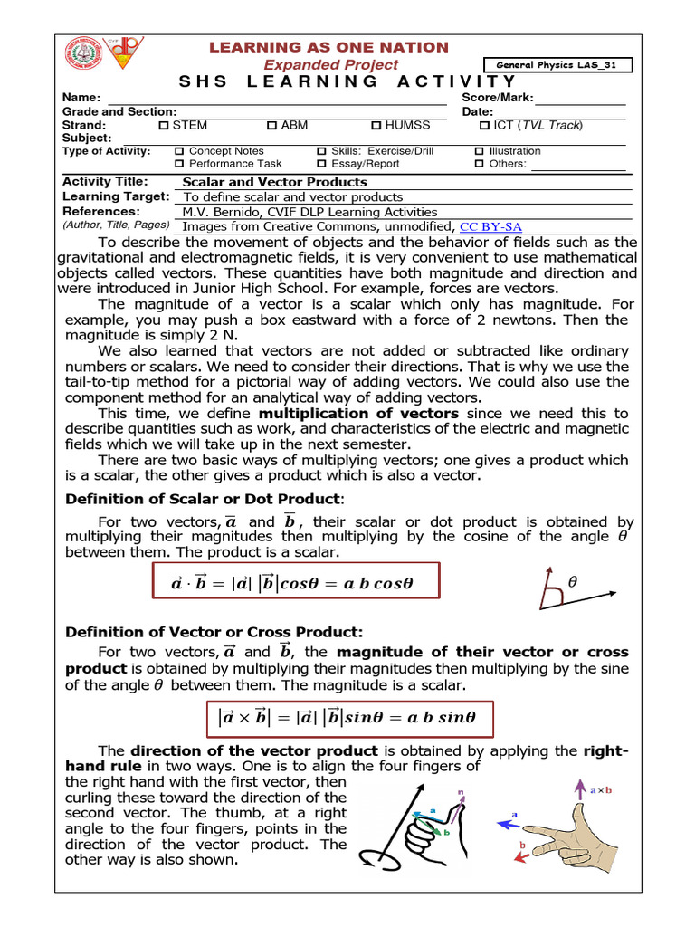 Gen Physics 2 LAS 31 Scalar and Vector Products | PDF | Euclidean Vector | Scalar (Mathematics)