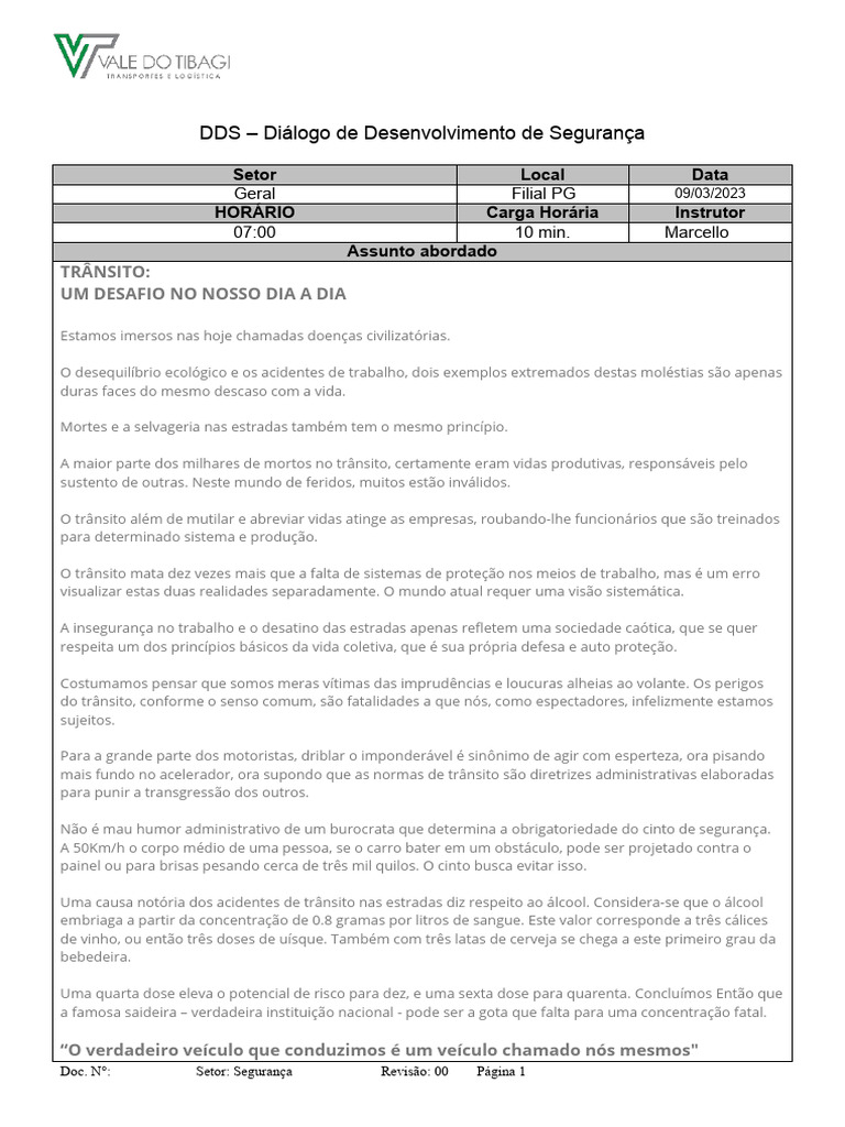 160 - 09 - 03 - 23 - DDS - Trânsito - Um Desafio No Nosso Dia A Dia | PDF | Tráfego
