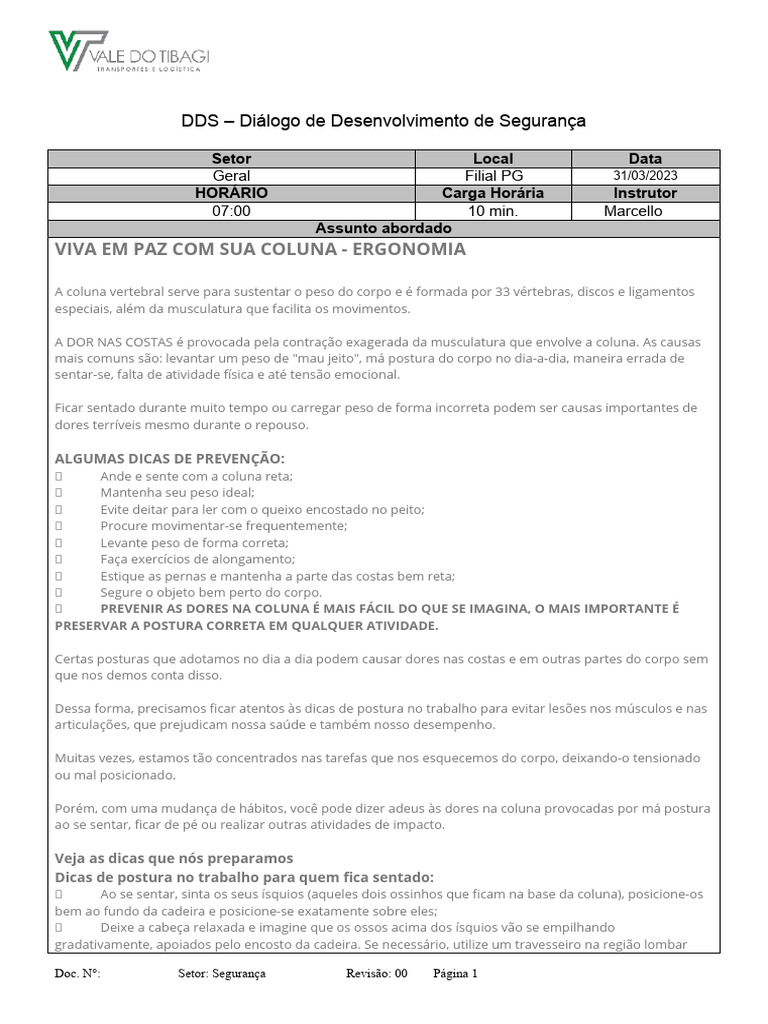 176- 31_03_23 - DDS - VIVA EM PAZ COM SUA COLUNA_ERGONOMIA | PDF | Coluna vertebral | Dor nas costas