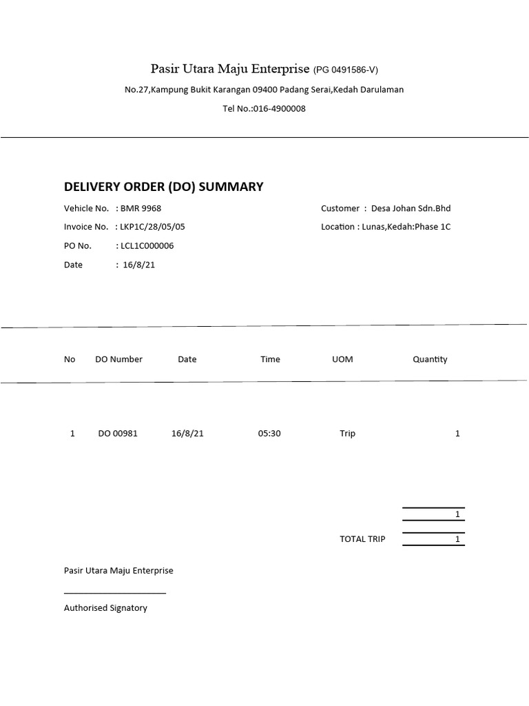 Delivery Order for Desa Johan Sdn Bhd | PDF