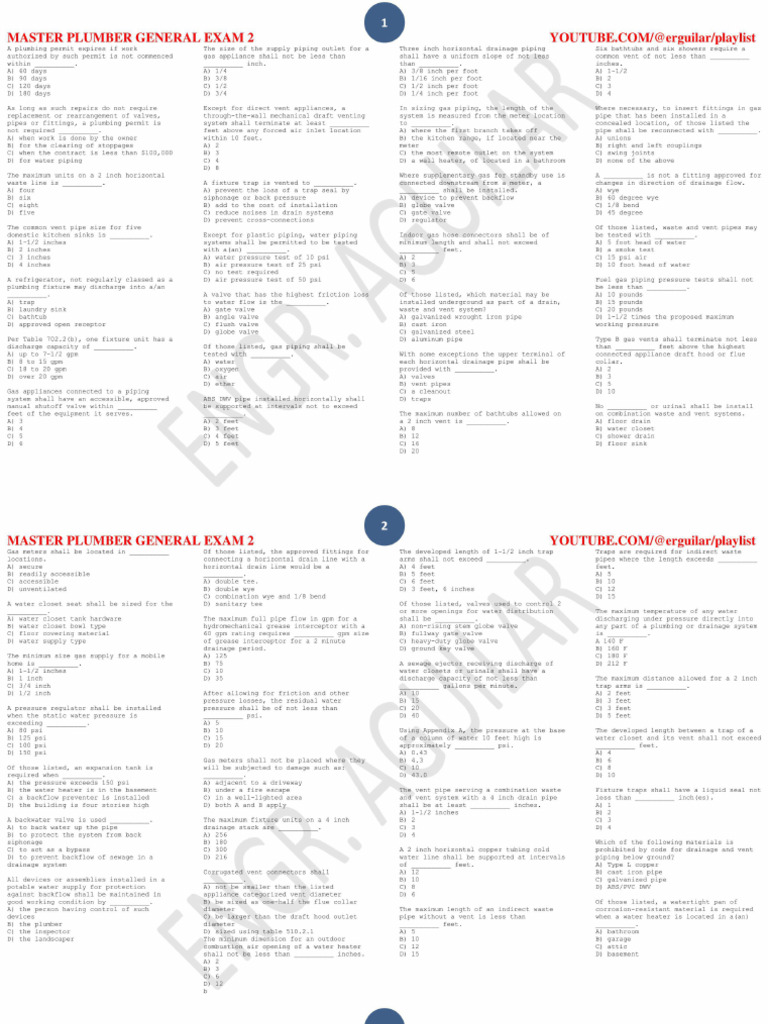 Master Plumber General Exam 2 | PDF