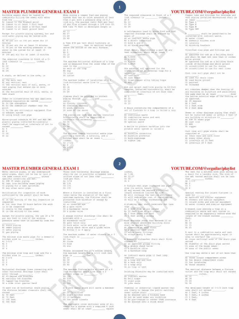 Master Plumber General Exam 1 | PDF