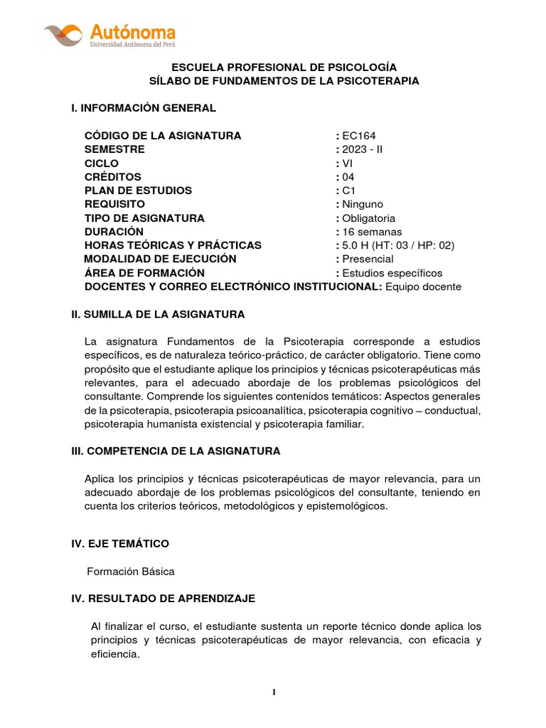 08-31-2023 014655495 Silabo | PDF | Psicoterapia | Aprendizaje 08-31-2023 014655495 Silabo | PDF | Psicoterapia | Aprendizaje