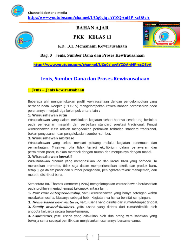 Materi PKK 11 KD 3.1 Bag 3 Jenis - Sumber Dana Dan Proses Kewirausahaan | PDF | Bisnis