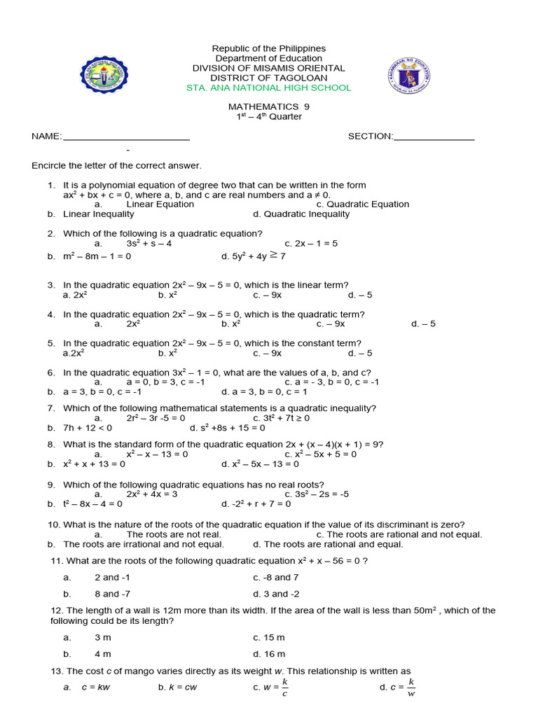 quarter 1 math 9 exam | PDF | Equations | Numerical Analysis