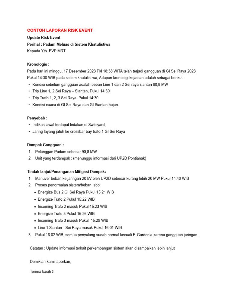 CONTOH LAPORAN RISK EVENT, EWS, Dan Dampak | PDF