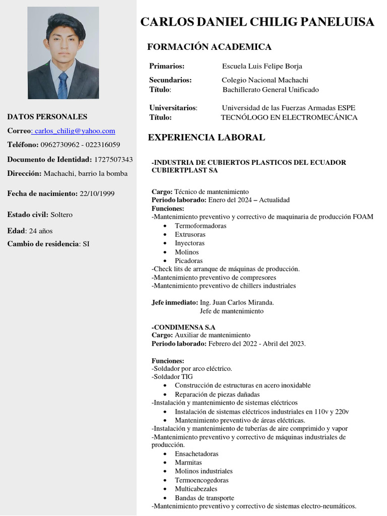 CV de Carlos Daniel Chilig: Electromecánico | PDF