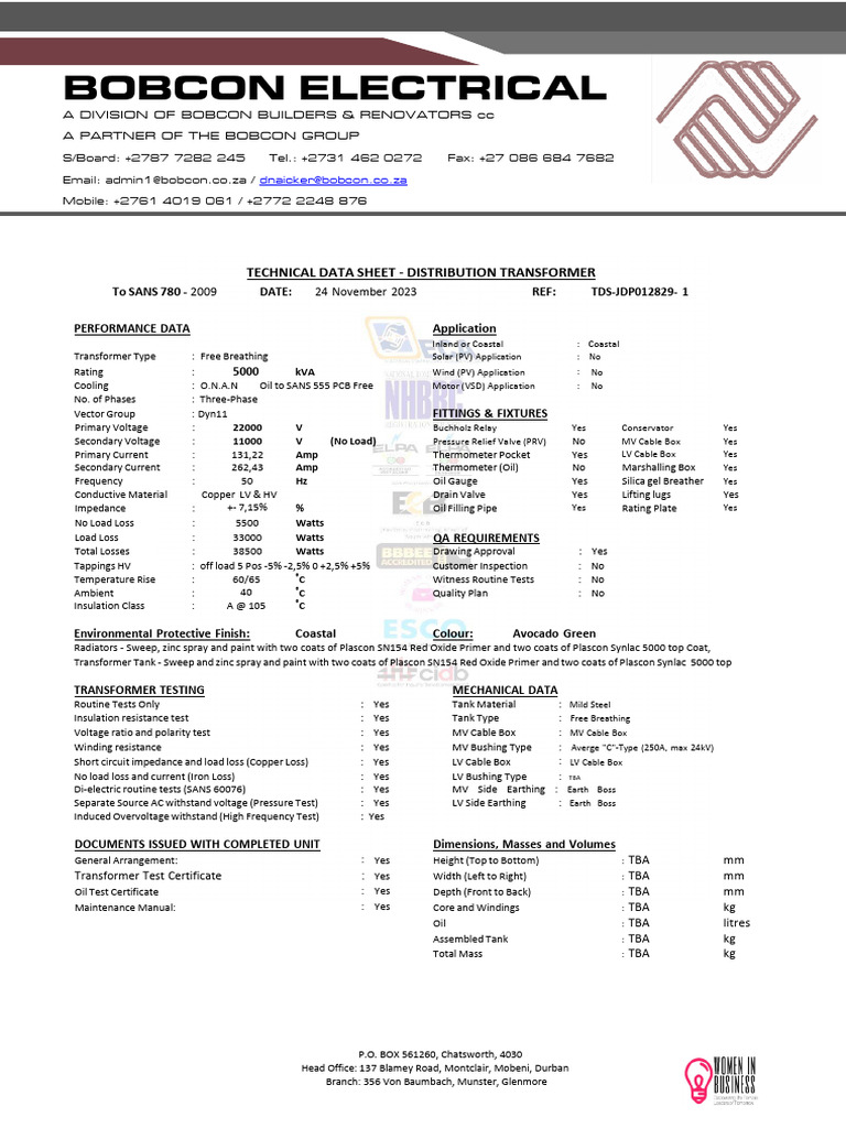 Technical Data Sheet - Distribution Transformer | PDF | Transformer | Power Engineering