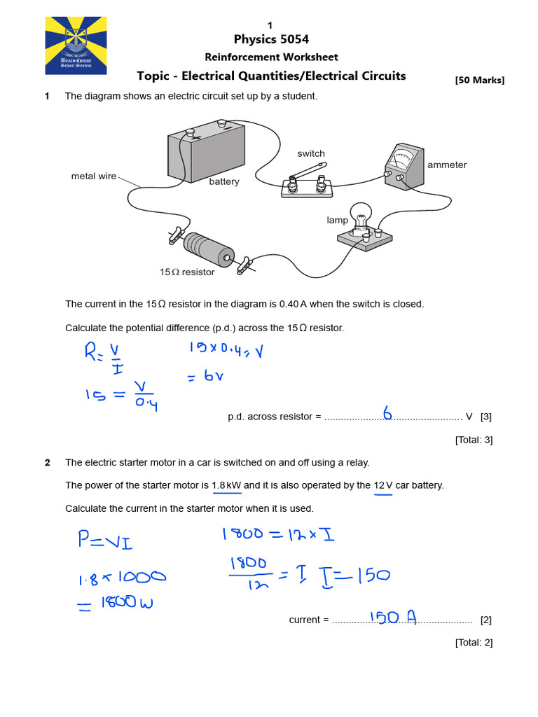 Worksheet - Electrical Quantities - Electrical Circuits | Download Free ...