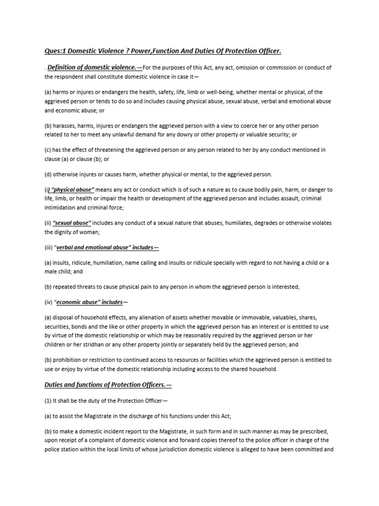 Ques:1 Domestic Violence ? Power, Function and Duties of Protection Officer | PDF | Magistrate ...