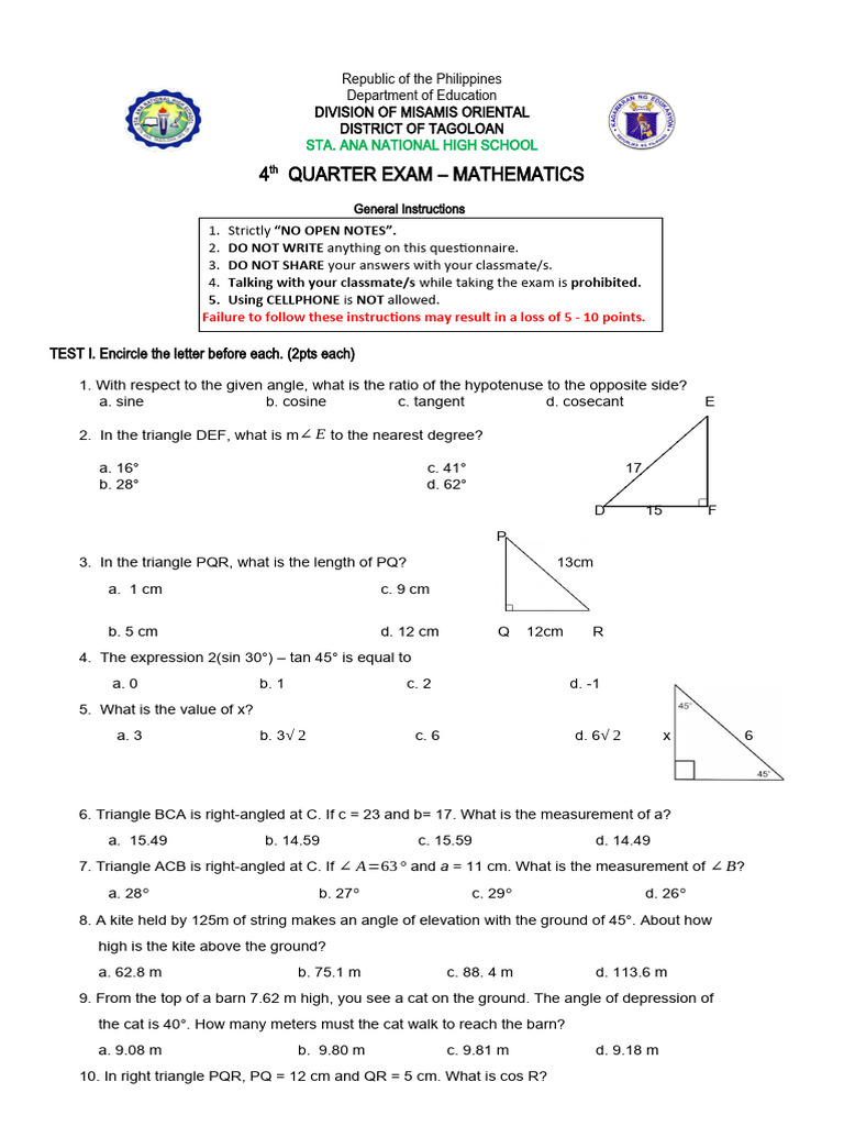 4 Quarter Exam - Mathematics: Sta. Ana National High School | PDF | Trigonometric Functions ...