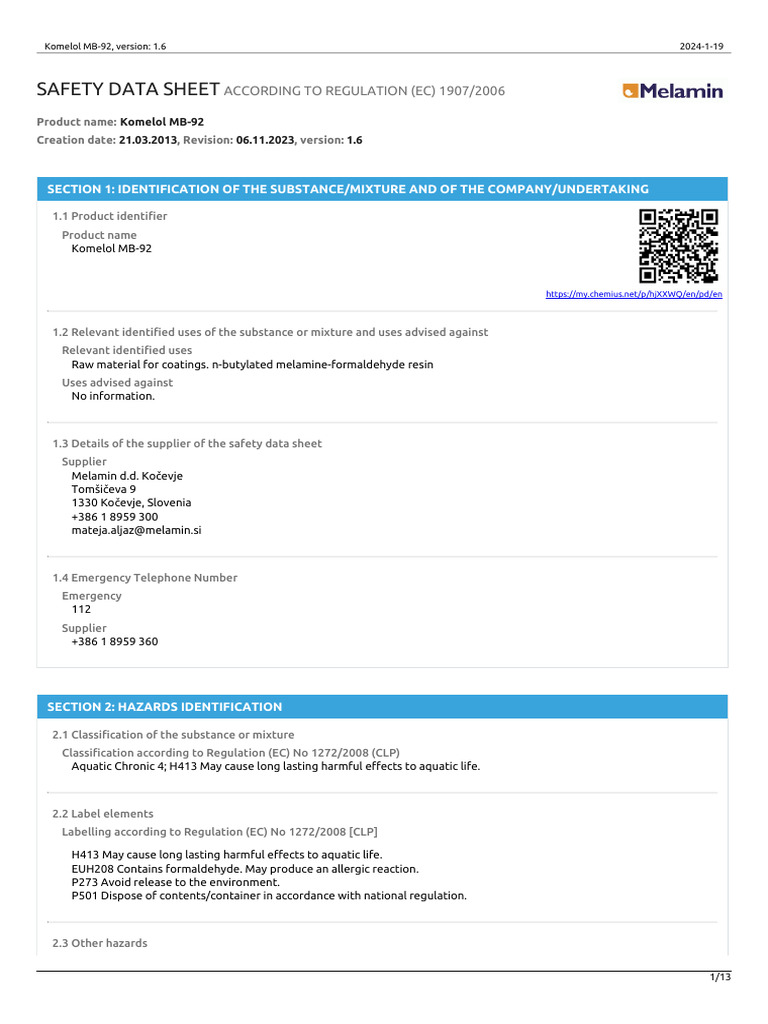 MSDS Komelol MB-92 (ENG) | Download Free PDF | Physical Sciences | Workplace