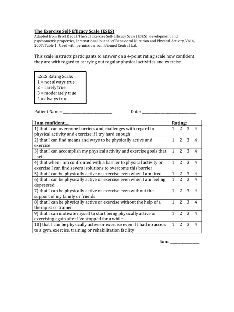 Worksheet Exercise Self-Efficacy Scale Eses 0 | PDF