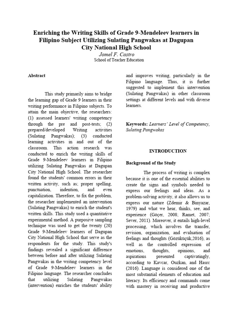 Enhancing Grade 9 Writing Skills in Filipino | PDF | Learning | Statistics