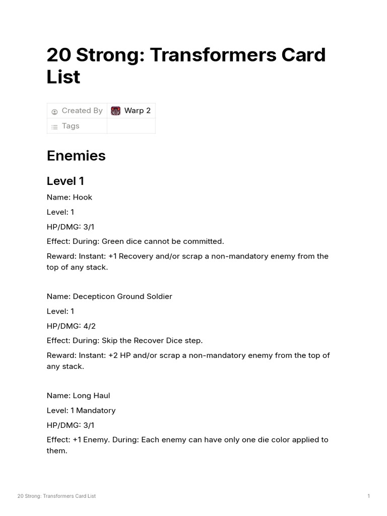 20 Strong Transformers Card List | PDF | Transformers (Franchise)