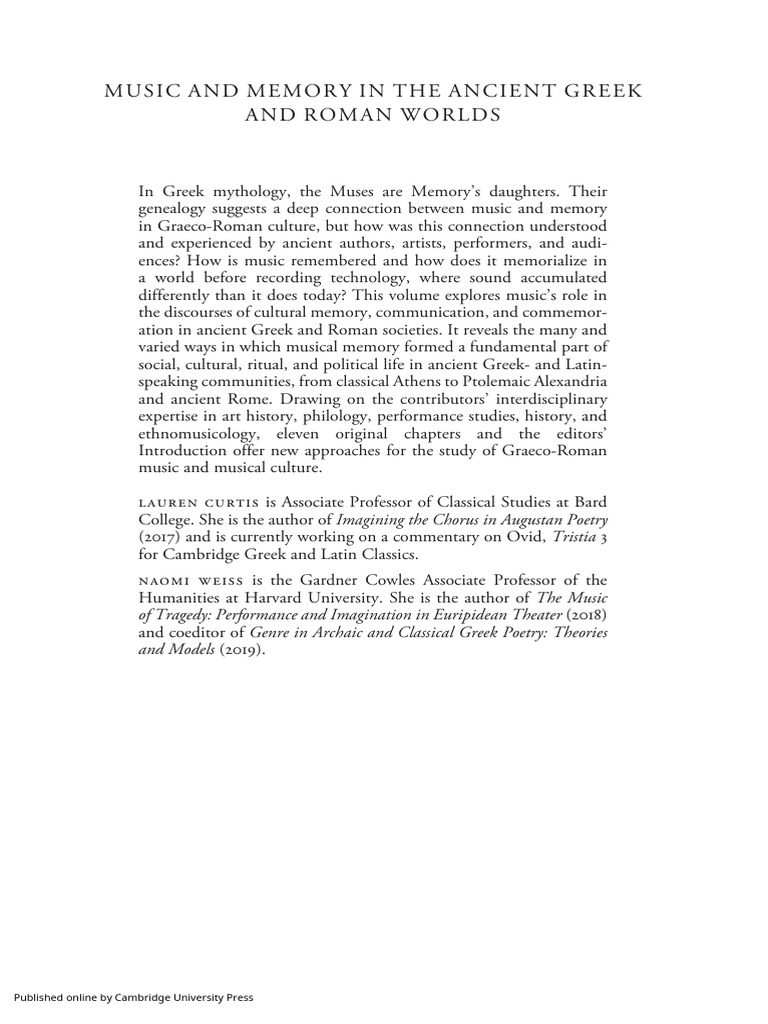 Music and Memory in The Ancient Greek and Roman Worlds (Curtis & Weiss ...
